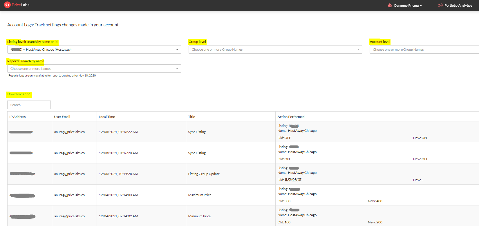 Account Logs: Track settings changes made in your account